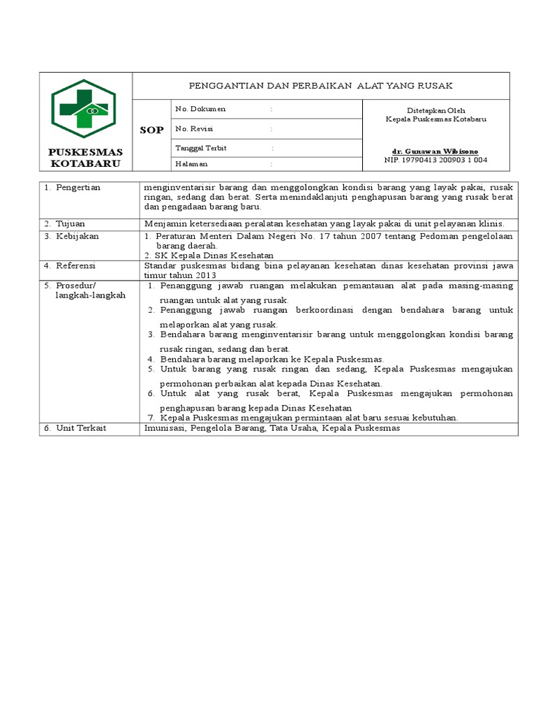 Sop Penggantian Dan Perbaikan Alat Yang Rusak | PDF