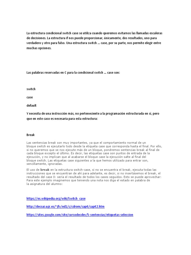 Uso de switch case en C: Guía básica | PDF