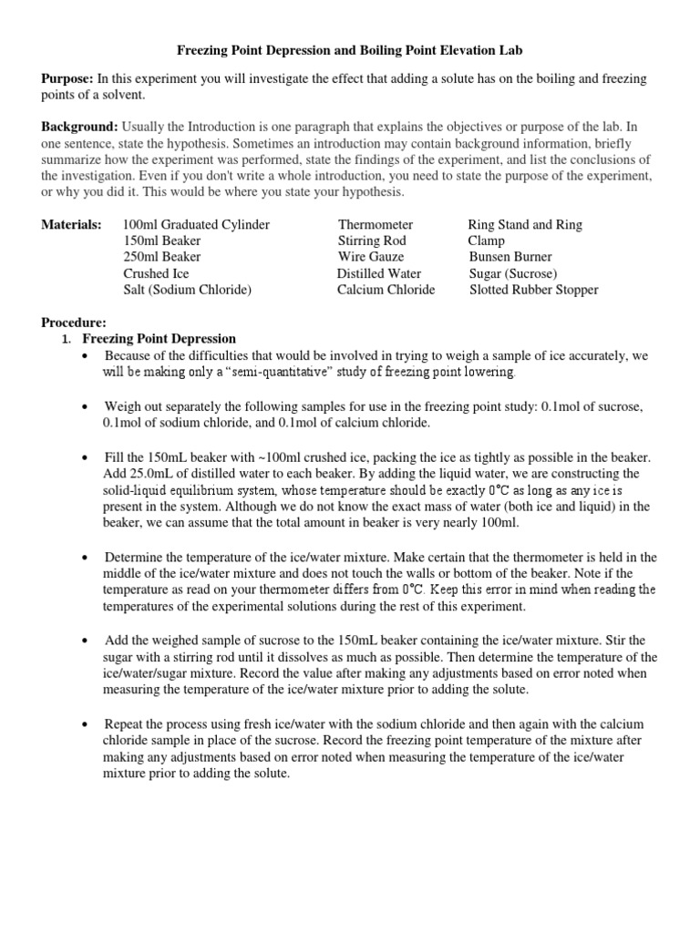 Freezing Point Depression & Boiling Point Elevation Lab | PDF ...