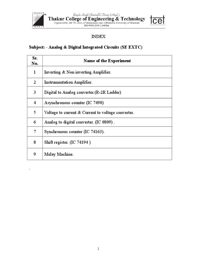 Subject: - Analog & Digital Integrated Circuits (SE EXTC) Sr. No. Name ...