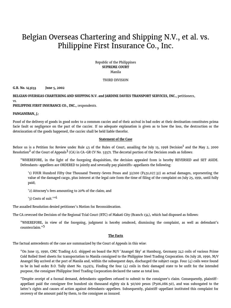 TL - Belgian Overseas Chartering and Shipping, Et - Al Vs Phil First ...