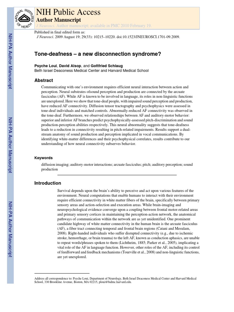 Tone-Deafness - A New Disconnection Syndrome? | PDF | Nervous System ...