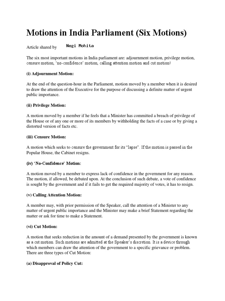 Motions in India Parliament (Six Motions) : (I) Adjournment Motion | PDF