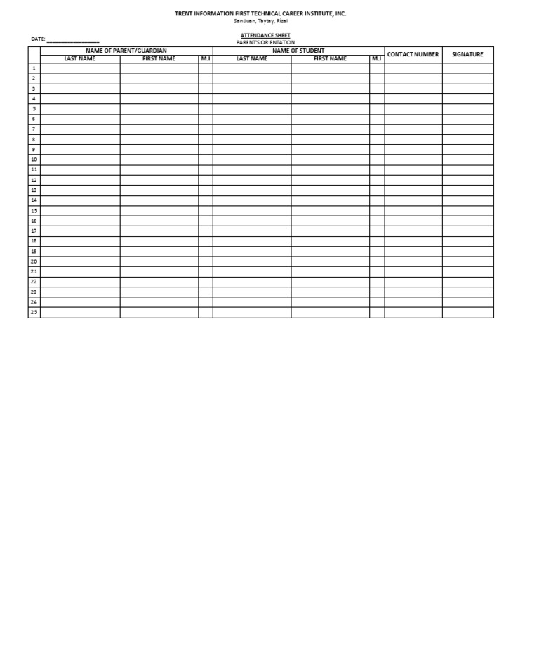 Parent Orientation Attendance Sheet | PDF