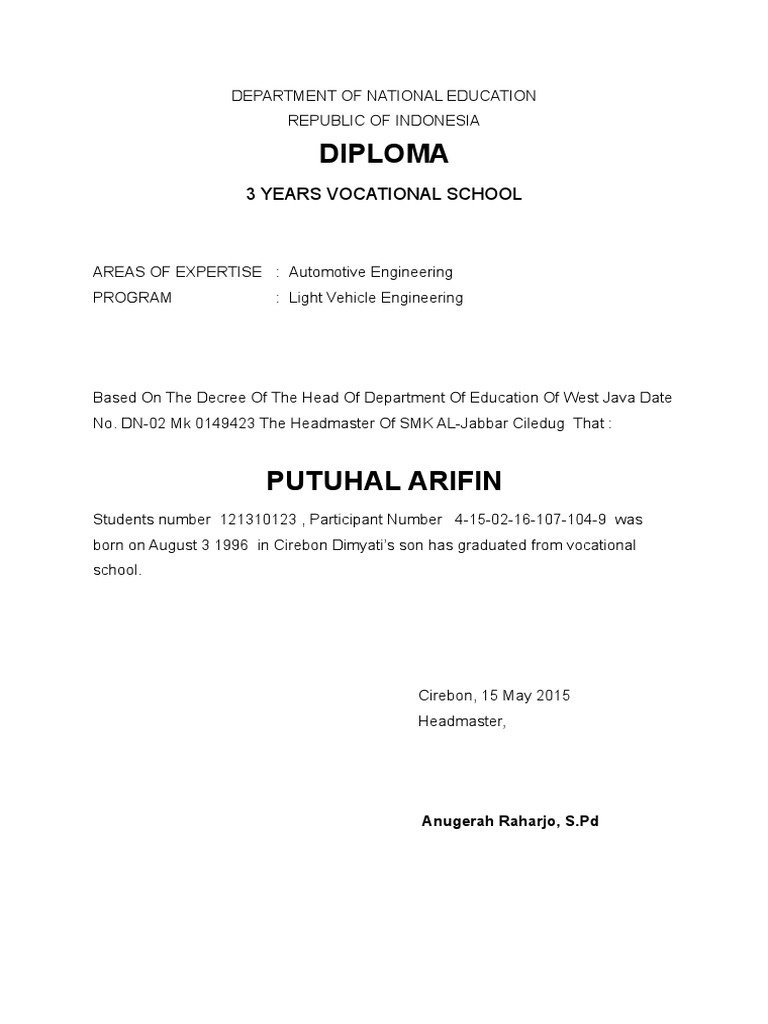 Diploma: 3 Years Vocational School | PDF | Schools | Further Education