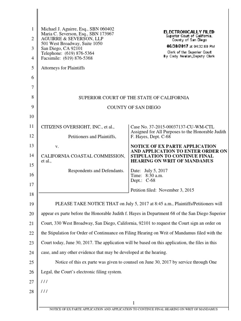Notice of Ex Parte Application on Stipulation to Continue Final Hearing ...