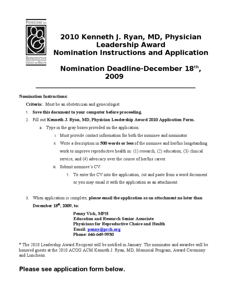 2010 Kenneth J. Ryan Award Nomination Guide | PDF | Doctor Of Medicine ...