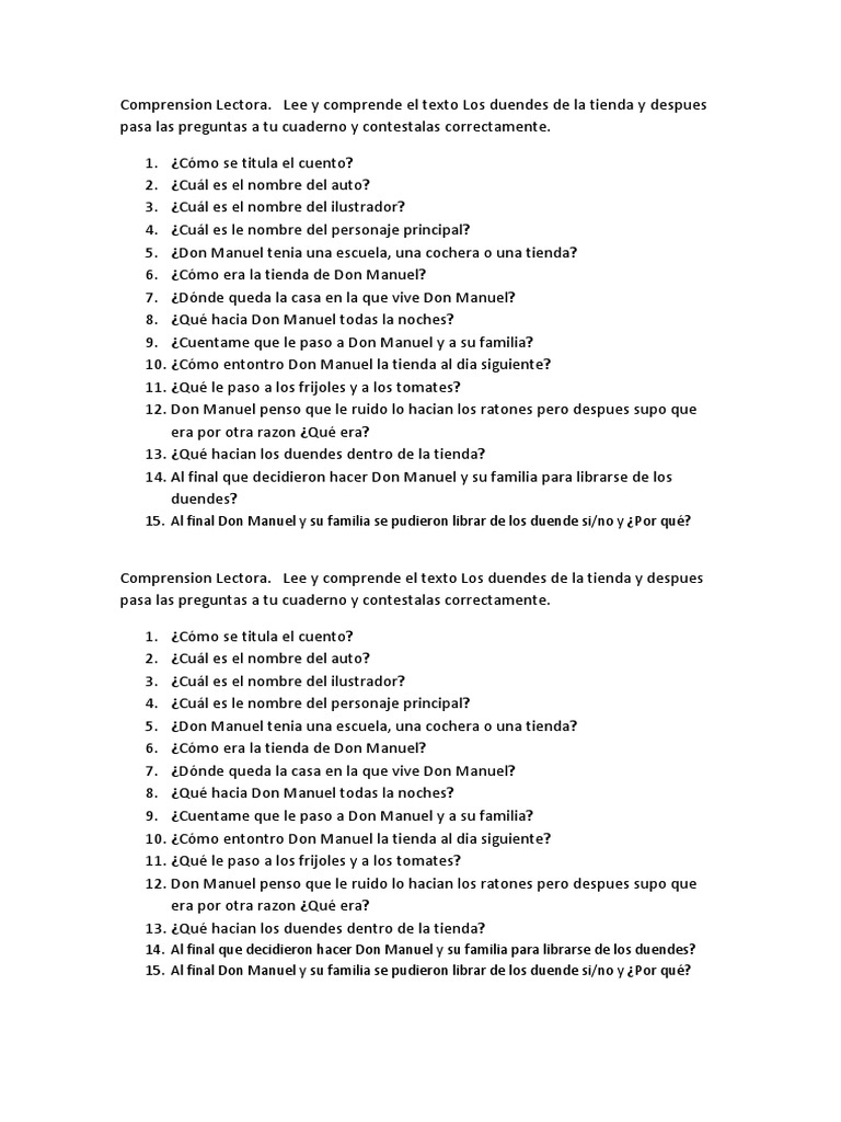 Lectura Comprensiva Los Duendes de La Tienda | PDF | Ocio