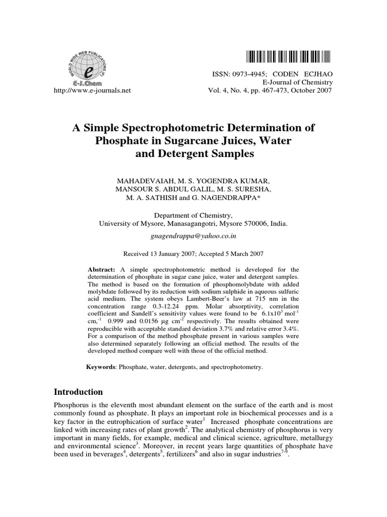 Determination Of Phosphate In Sugarcane Juices Pdf Spectrophotometry Phosphate