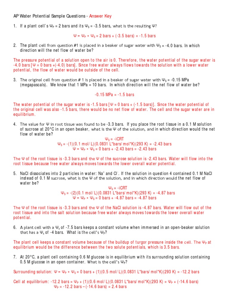 AP Biology Water Potential Answer Key | PDF | Physical Chemistry ...