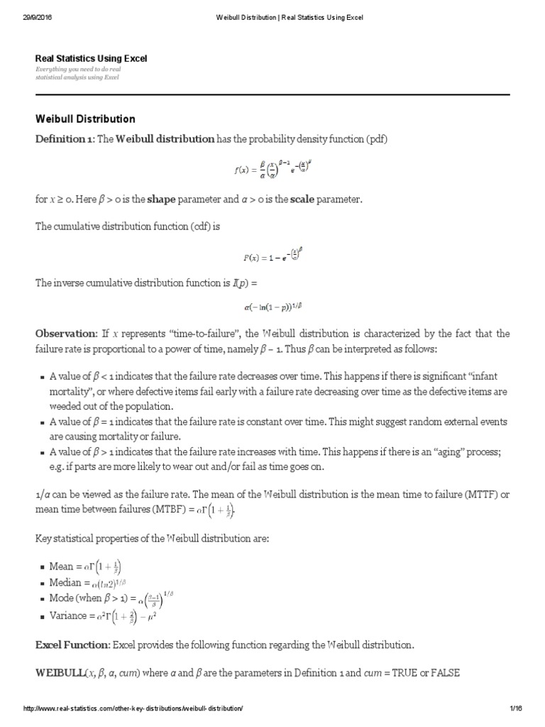 Weibull Distribution Real Statistics Using Excel Pdf Mean