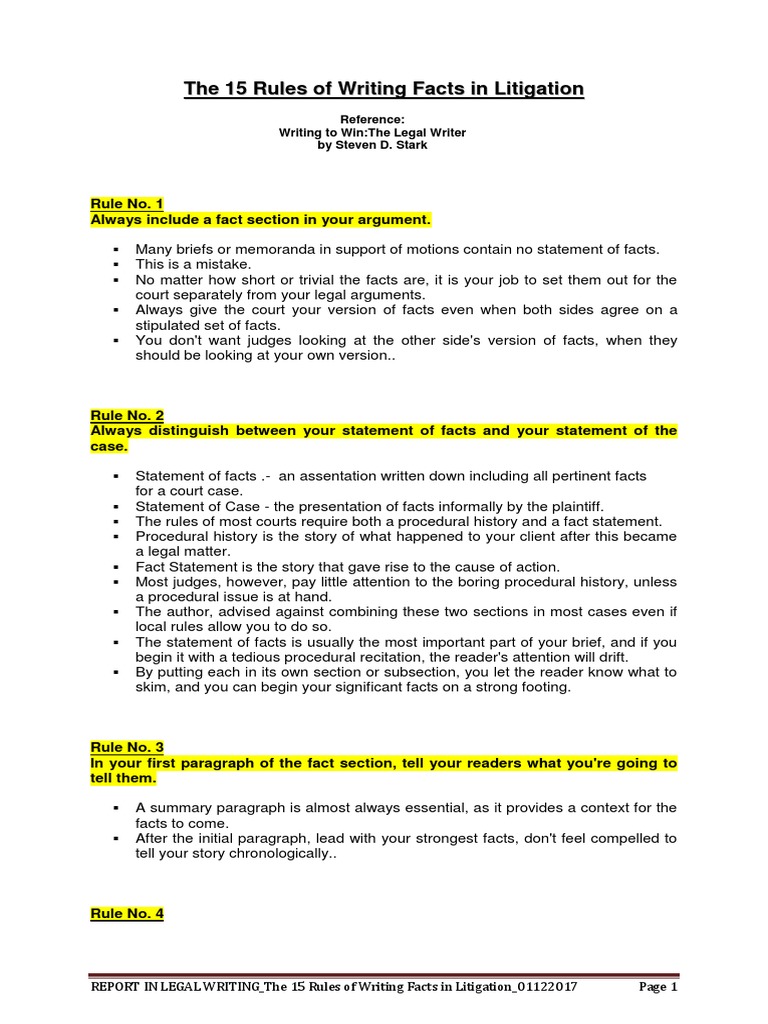 The 15 Rules of Writing Facts in Litigation | PDF | Brief (Law) | Lawsuit