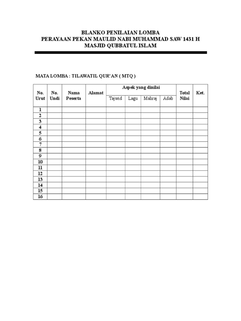 Blanko Penilaian Lomba
