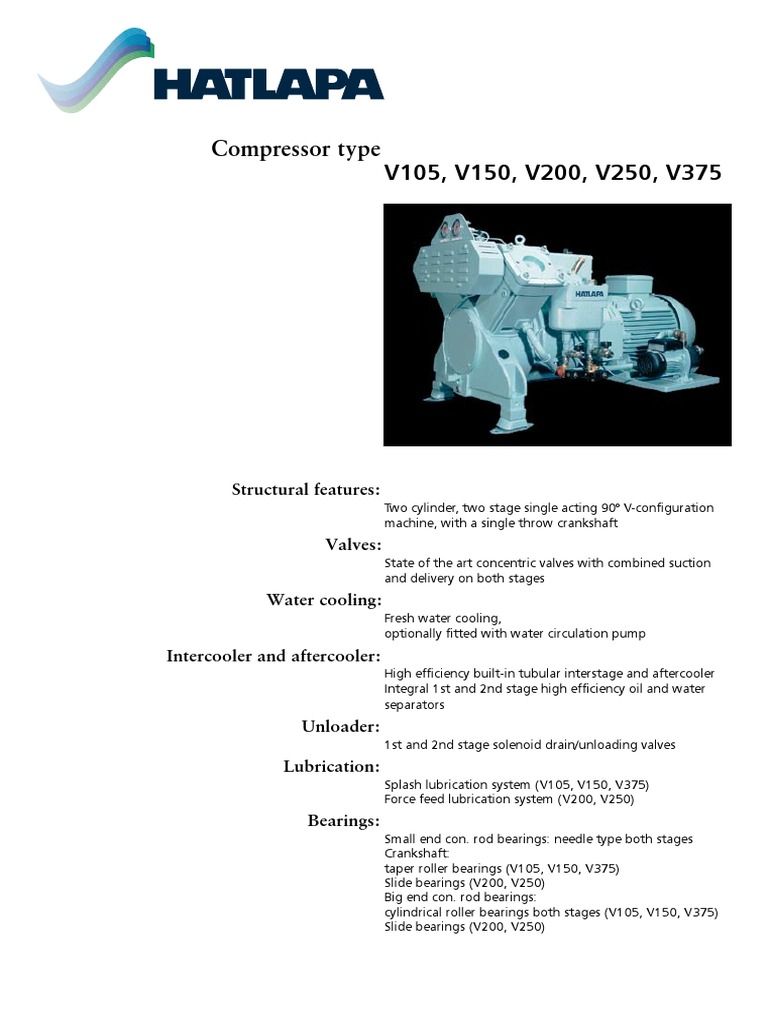 V105 V150 V200 V250 V375 compressor specs | PDF | Bearing (Mechanical ...
