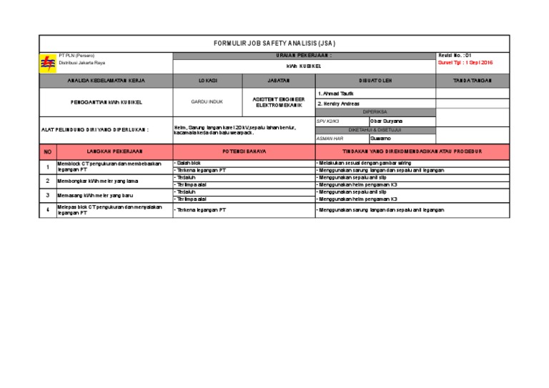 Contoh JSA Keselamatan Listrik PLN | PDF