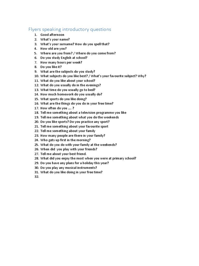 Flyers Speaking Introductory Questions | PDF