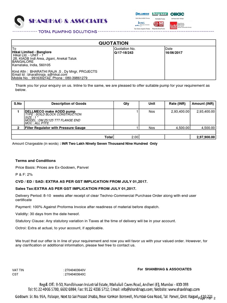 Pump Quotation Details | PDF | Value Added Tax | Government Finances