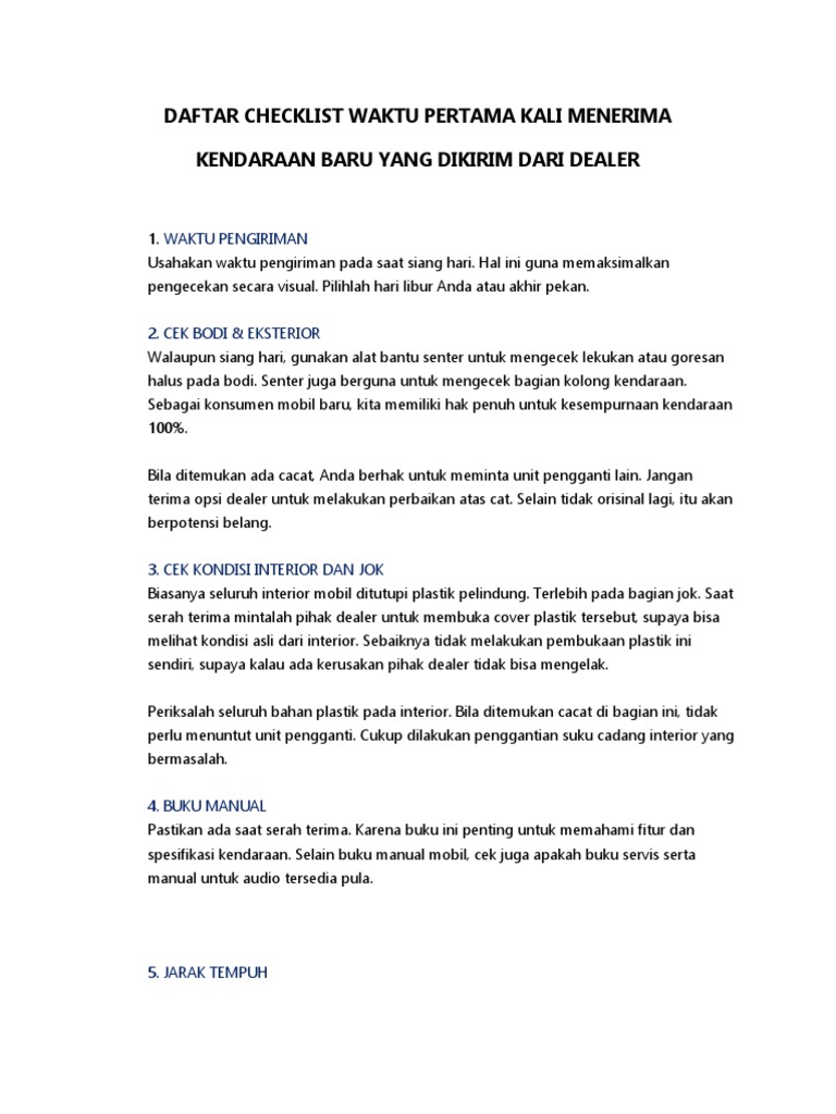 Checklist Penerimaan Kendaraan | PDF