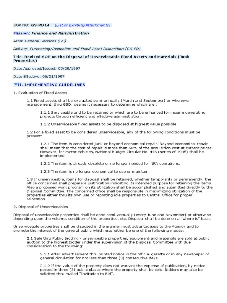 SOP Disposal | PDF | Book Value | Depreciation