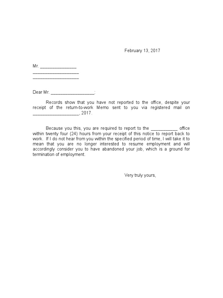 Notice (Return To Work) - Template | PDF