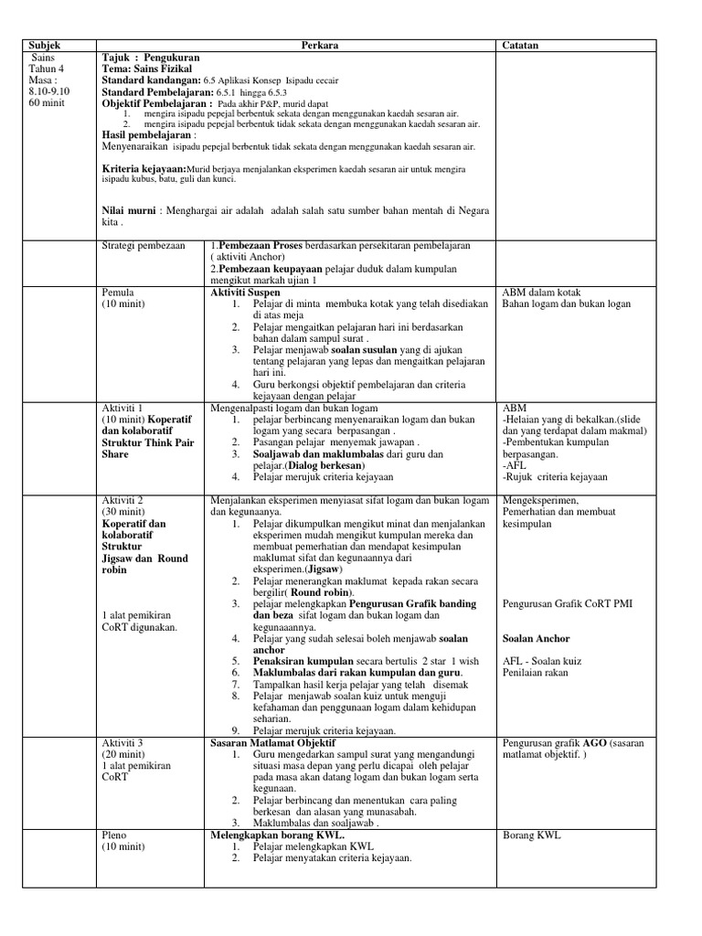 Contoh RPH PDP Abad 21 Sains Tahun 4 | PDF