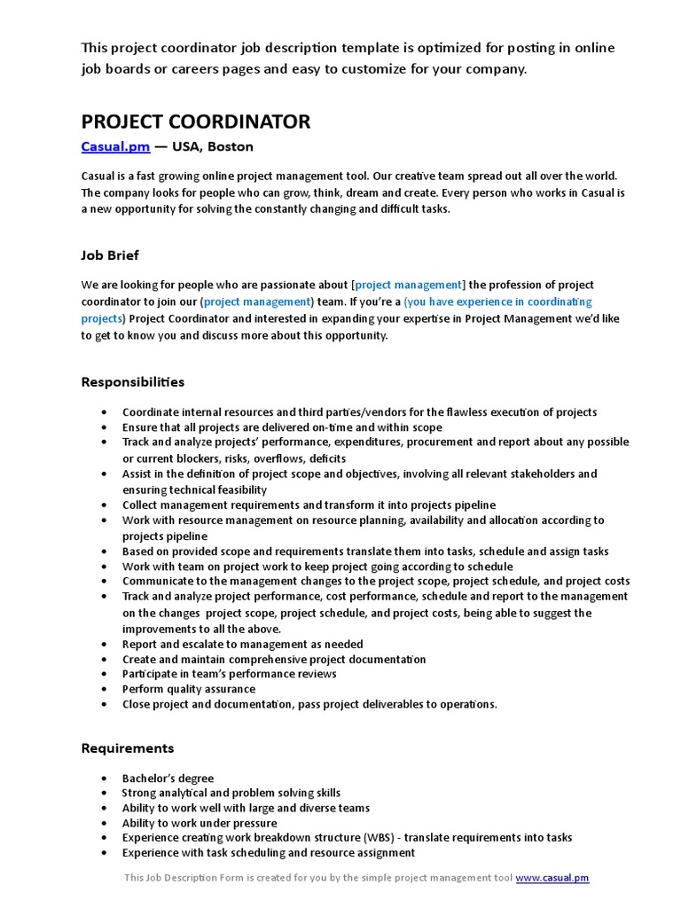 Project Coordinator Job Description Template | PDF | Project Management ...