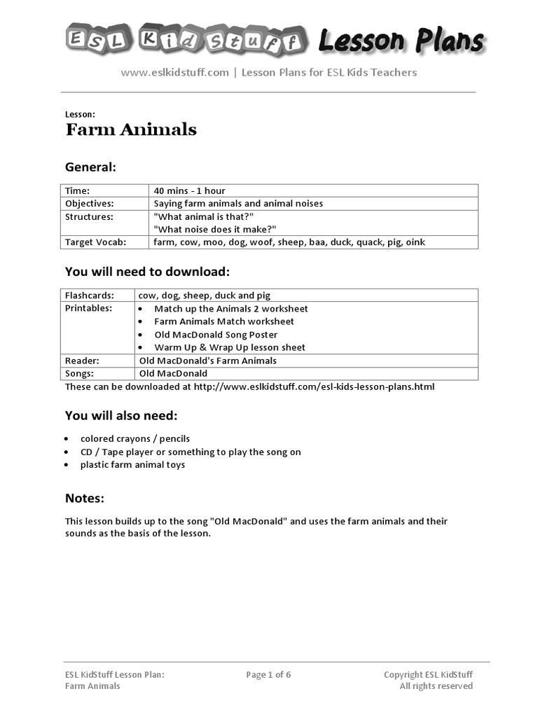 Farm Animals Lesson Plan | PDF | Old Mac Donald Had A Farm | Lesson Plan