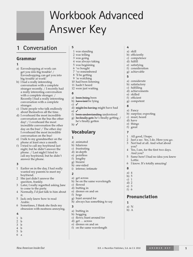 Workbook Answer Key Advanced | Leisure