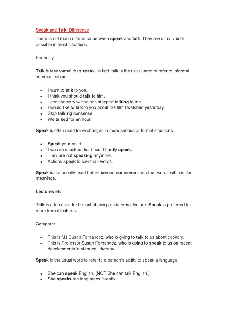 Speak vs Talk: Key Differences Explained | PDF | English Language | Grammar