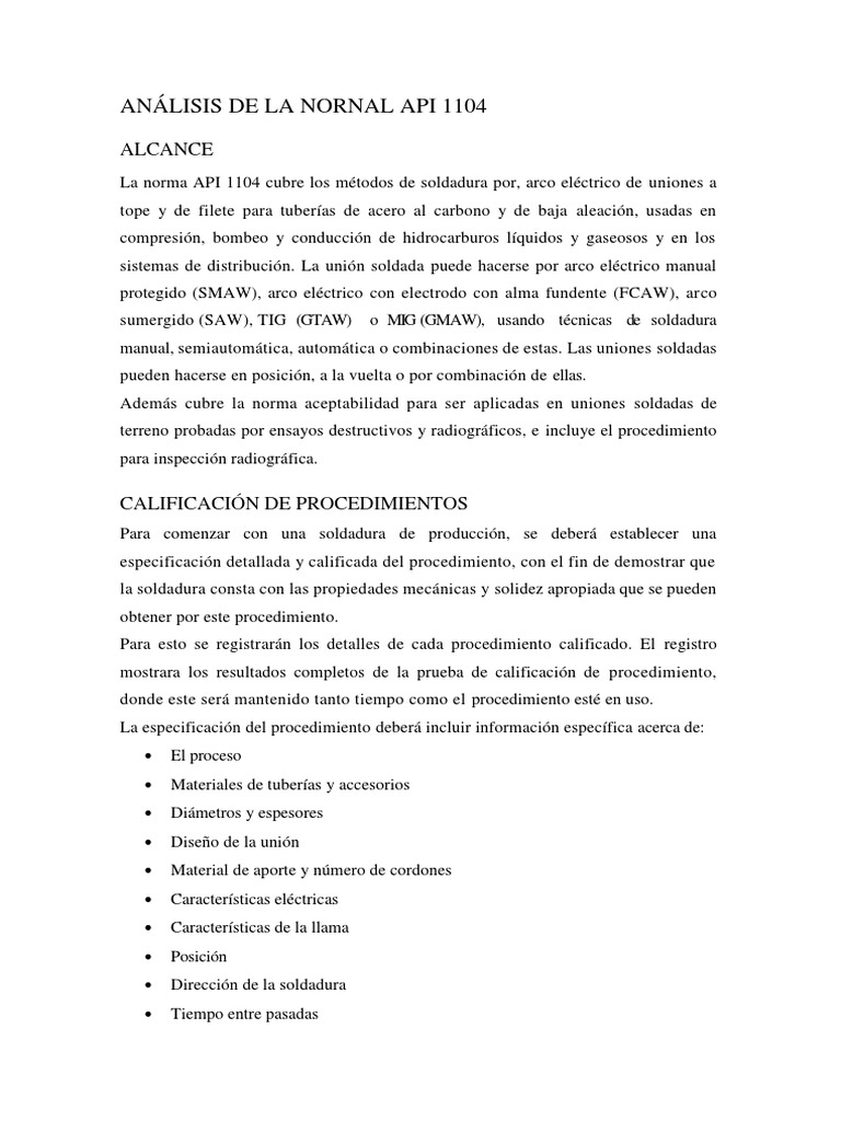 Analisis de La Norma Api 1104 | PDF | Soldadura | Construcción