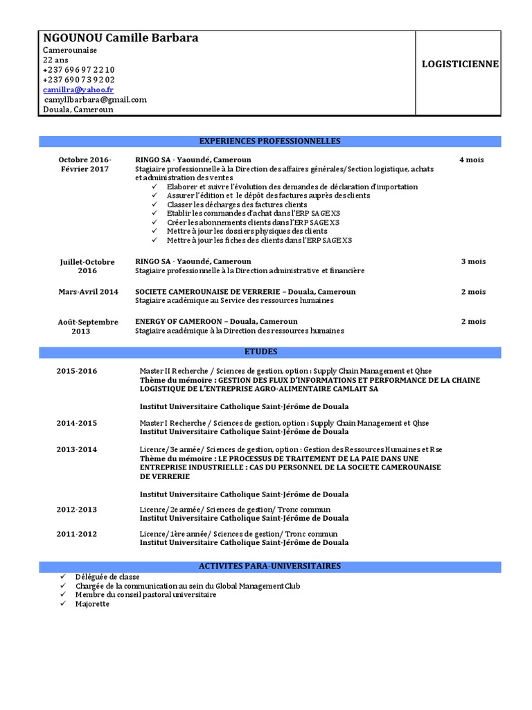 CV Professionnel de Camille Barbara | PDF | Microsoft Office | Logistique