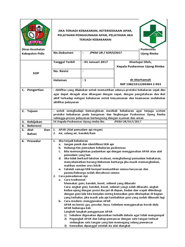 8.5.1.3 Sop Jika Terjadi Kebakaran Ketersediaan Apar Pelatihan Penggunaan Apar Pelatihan Jika ...