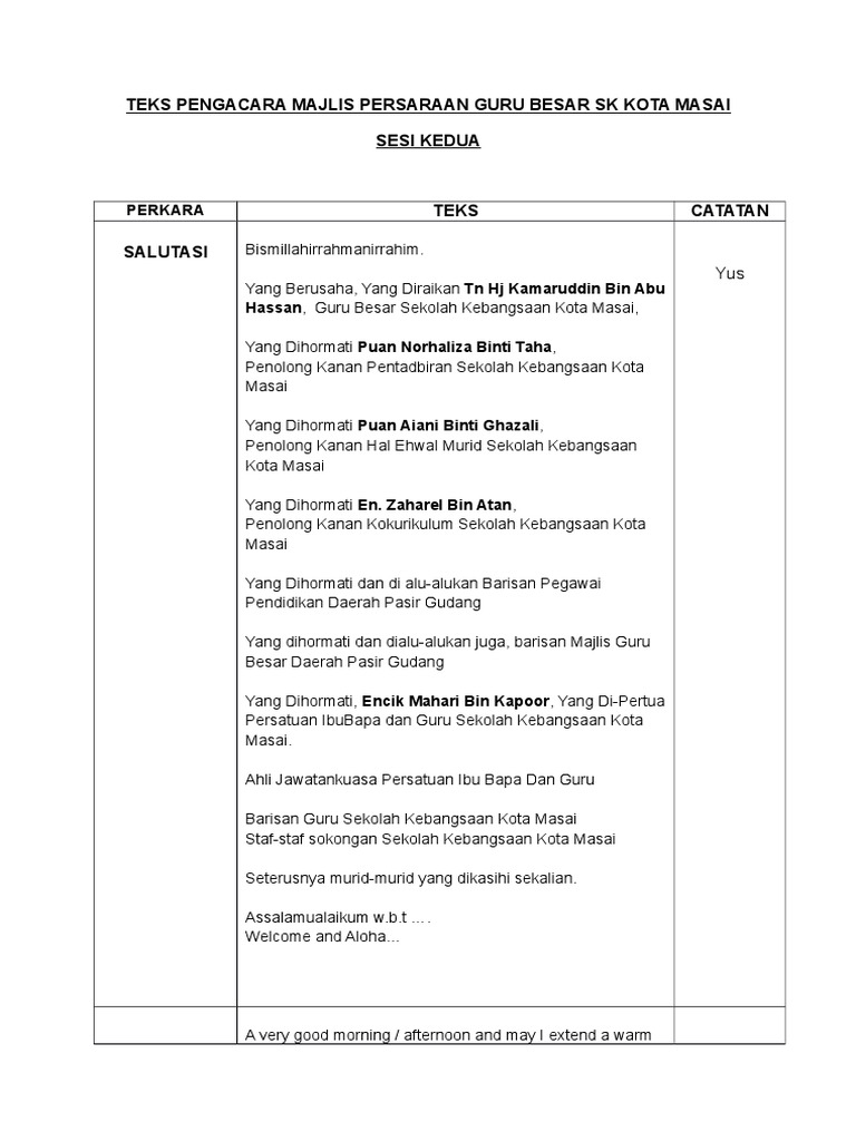 Teks Pengacara Majlis Persaraan Guru Besar SK Kota Masa1 | PDF