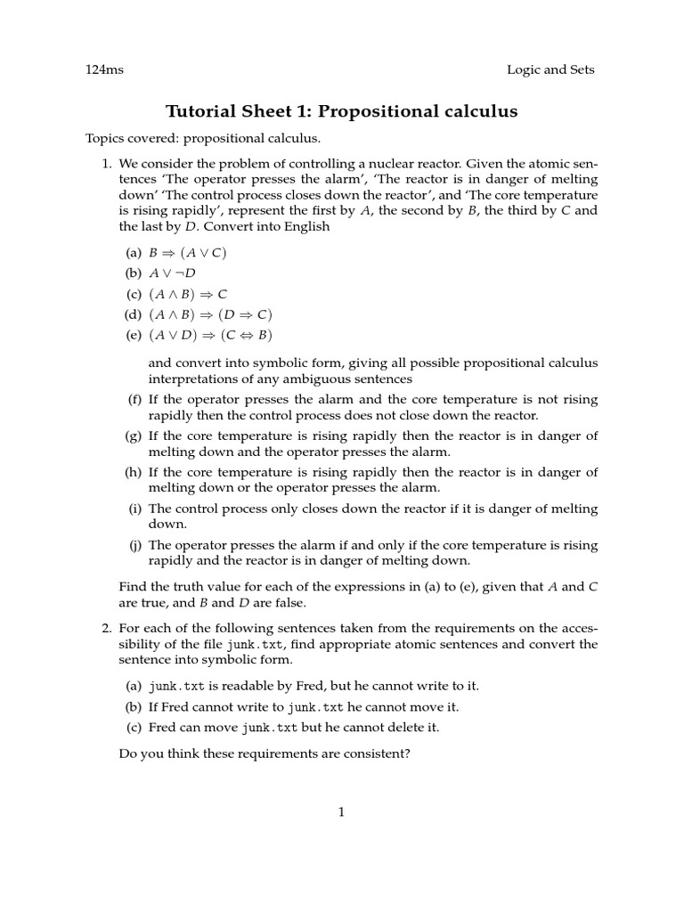 Tutorial Sheet 1: Propositional Calculus | PDF | Interpretation (Logic) | Mathematical Logic