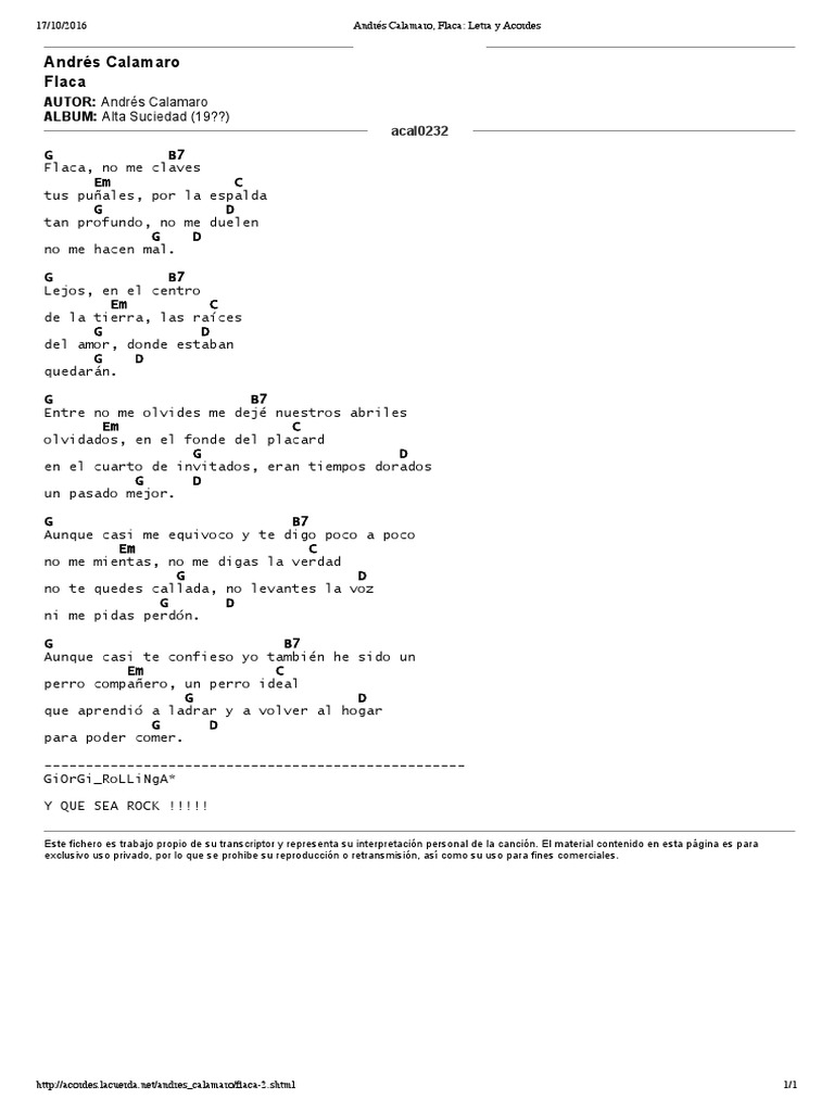 Andrés Calamaro, Flaca_ Letra y Acordes | PDF | La música rock | Musica ...