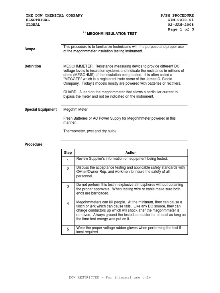 Megohm Insulation Test | PDF | Insulator (Electricity) | Electrical ...
