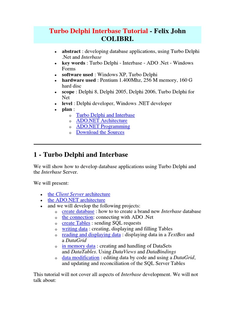Turbo Delphi Interbase Tutorial Pdf Microsoft Sql Server Active X Data Objects
