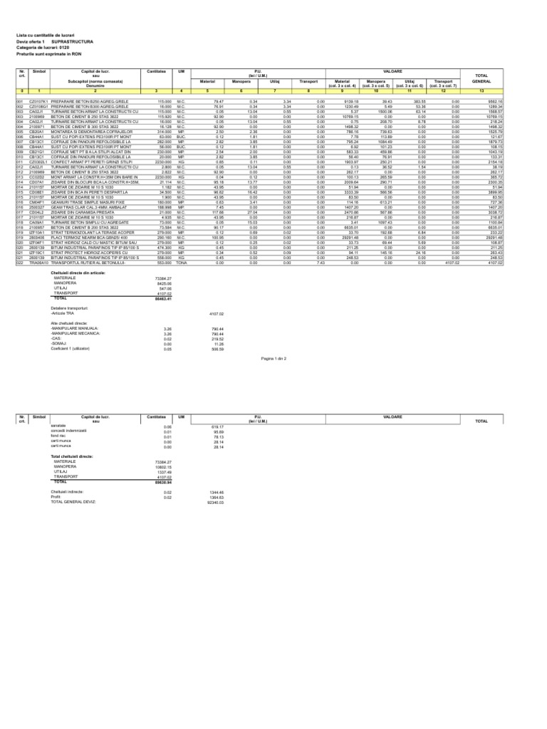 Calcul Deviz Oferta Ron | PDF