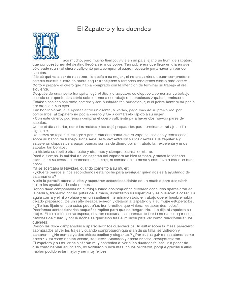 El zapatero y los duendes: un cuento | PDF | Dinero | Ocio