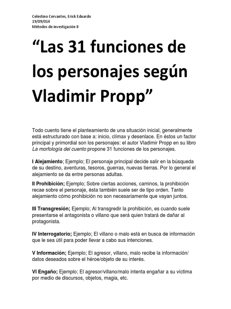 Las 31 Funciones de Los Personajes Según Vladimir Propp | PDF | Cuentos