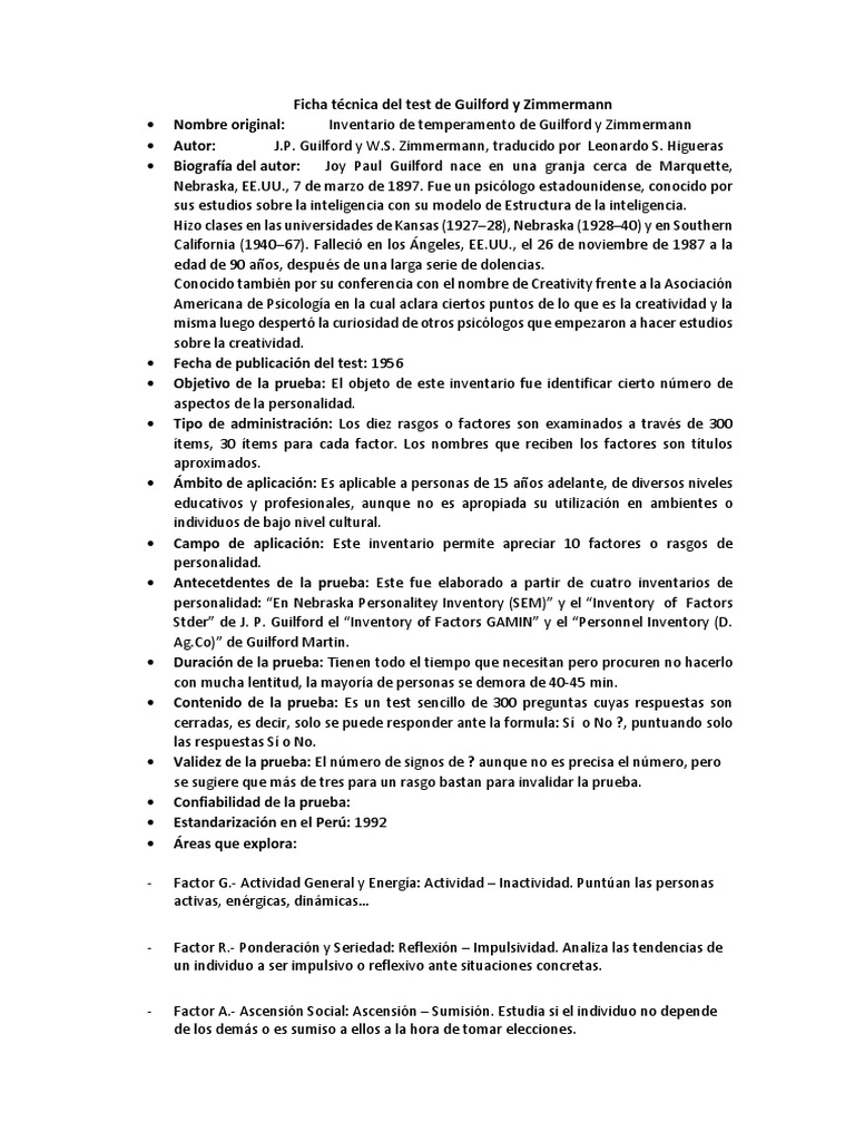 Ficha Técnica Del Test de Guilford y Zimmermann | Metafísica de la ...