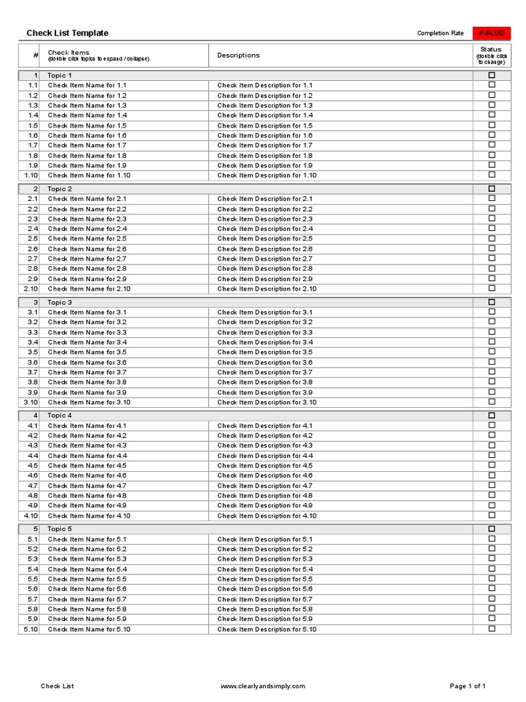 Check List Template: # Descriptions 1 Topic 1 Check Items Status | PDF