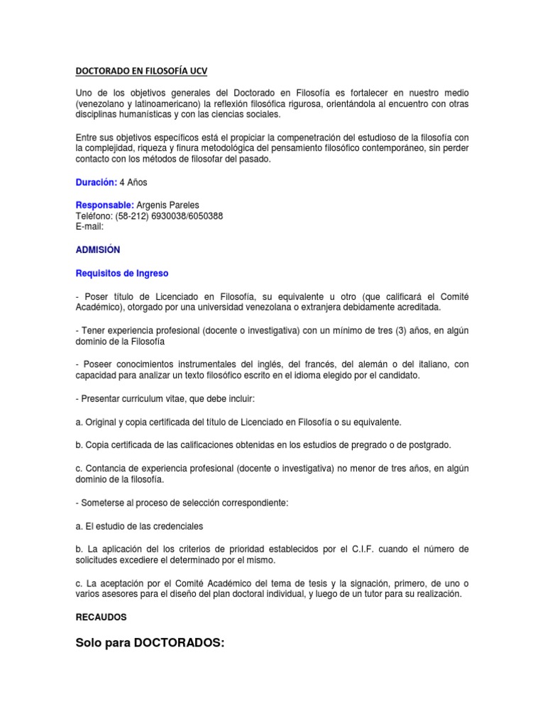 Doctorado en Filosofía UCV: Requisitos y Egreso | PDF | Doctorado ...
