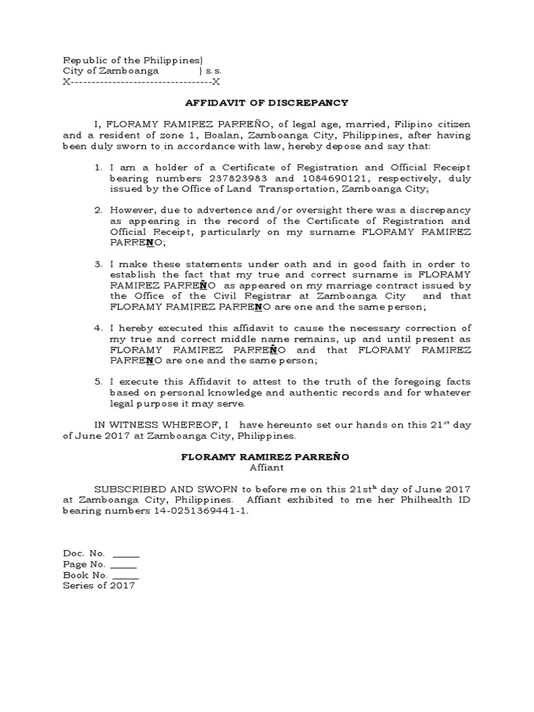 AFFIDAVIT OF DISCREPANCY