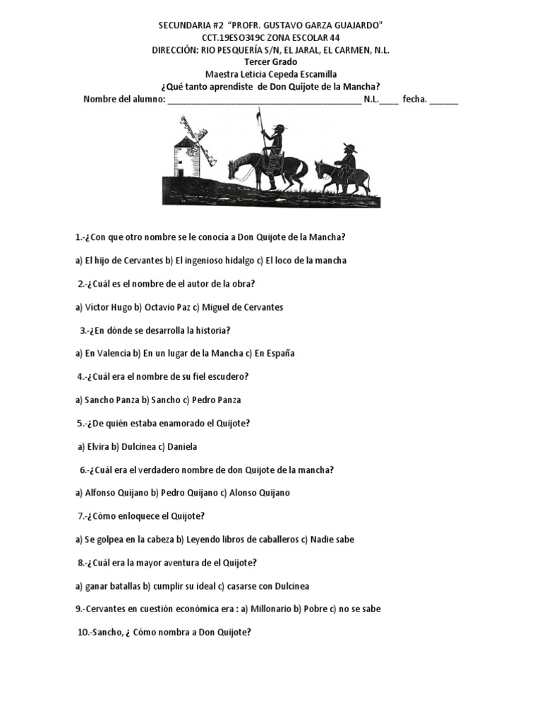 Examen Del Quijote | Don Quijote | Miguel De Cervantes