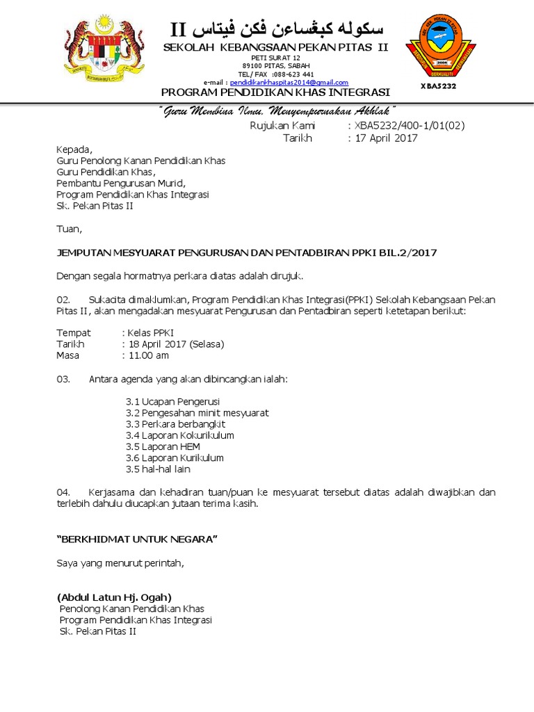 Contoh Surat Jemputan Mesyuarat Pentadbiran PPKI | PDF