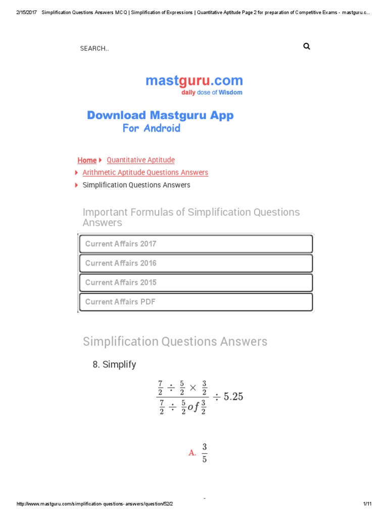 Important Formulas of Simplification Questions Answers | PDF ...