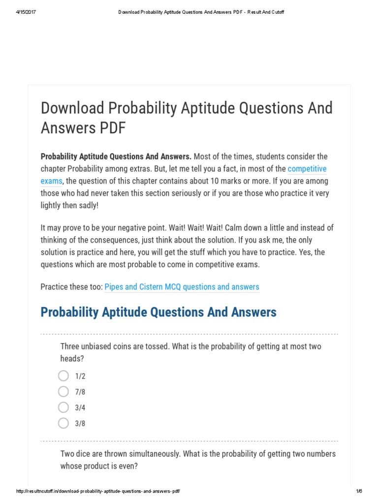Probability Aptitude Questions and Answers | PDF | Test (Assessment)
