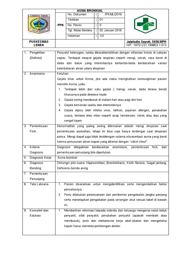 PANDUAN DIAGNOSIS DAN PENATALAKSANAAN ASMA BRONKIAL | PDF