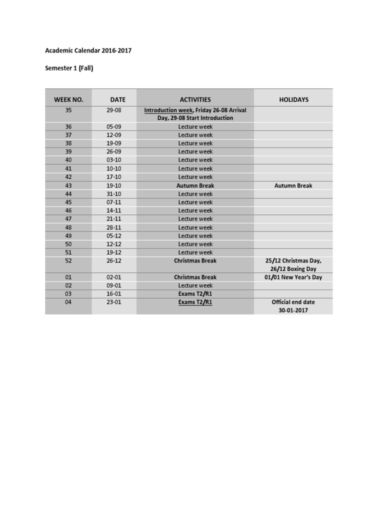 2016-2017 Academic Calendar Overview | PDF | Academic Term | Festival
